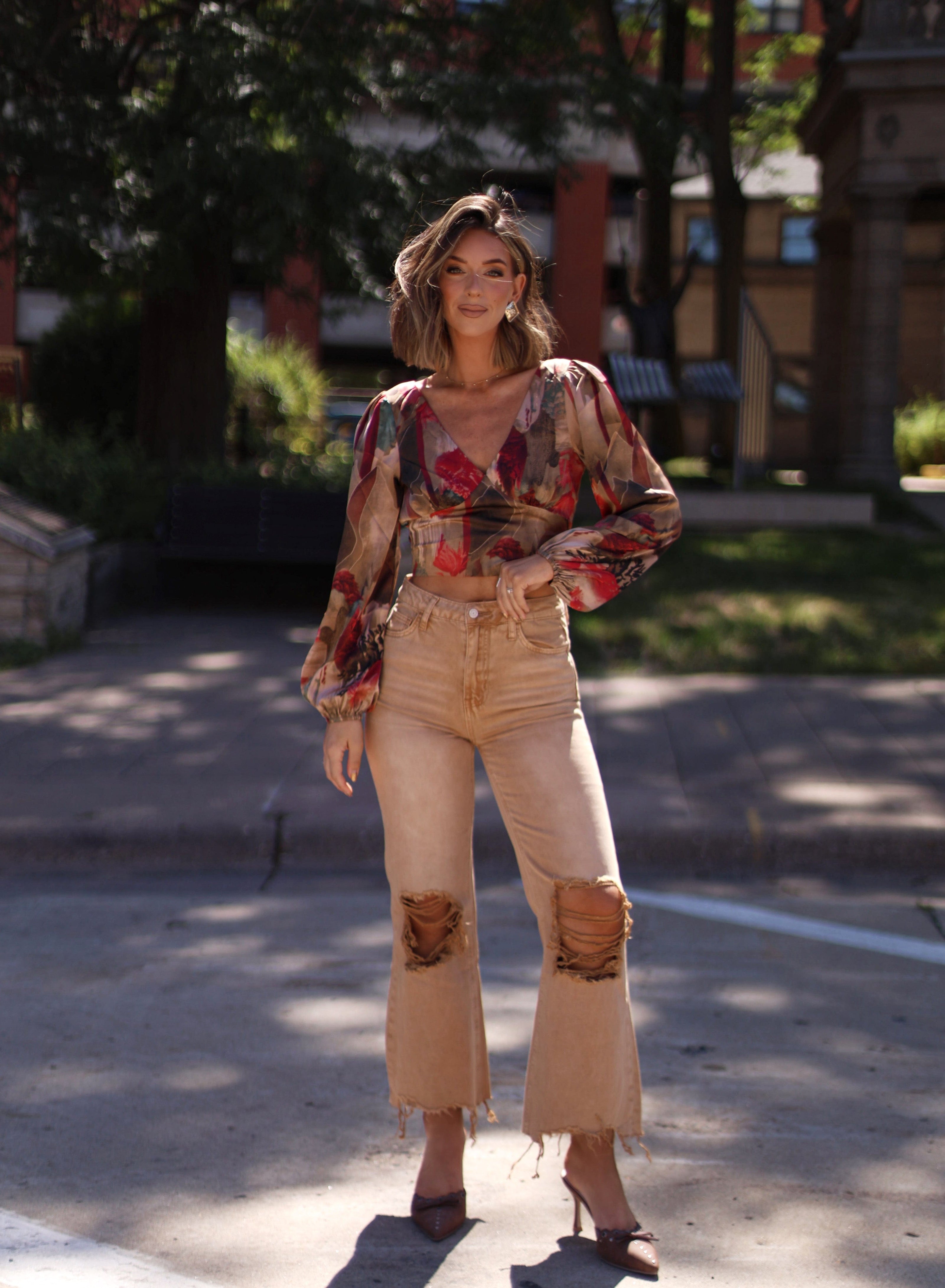 Brown Flare Crop Jeans | High-Rise Distressed Denim Jeans | Lane 201