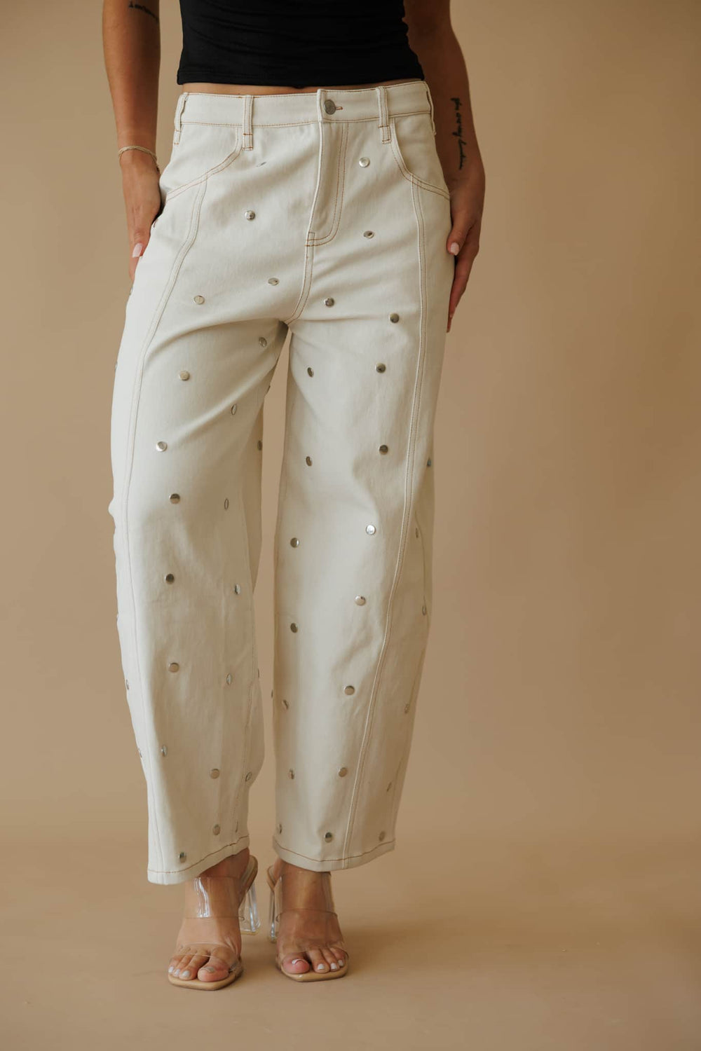 Cream Studded Barrel Jeans