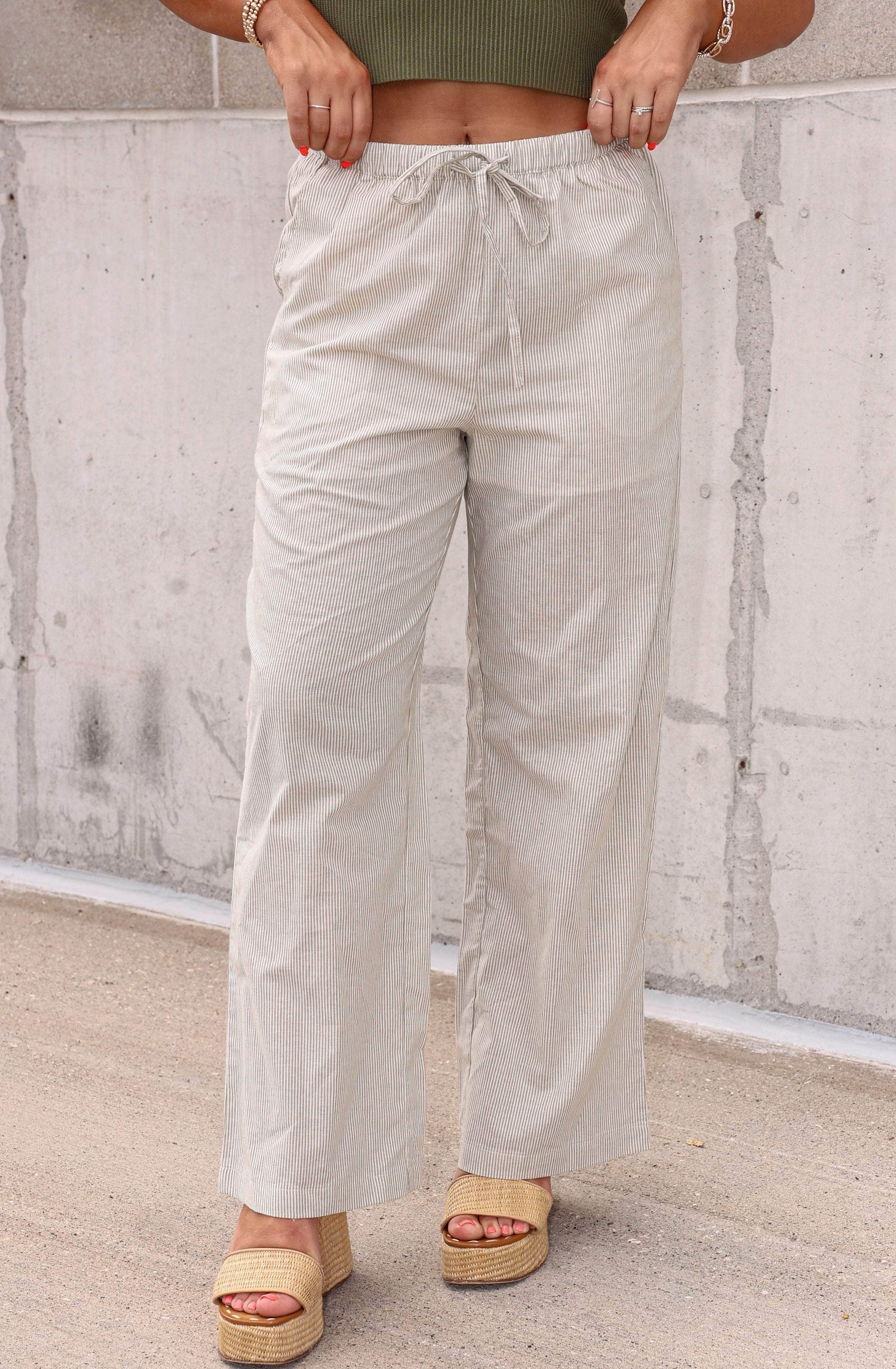 Olive Pinstripe Drawstring Pants